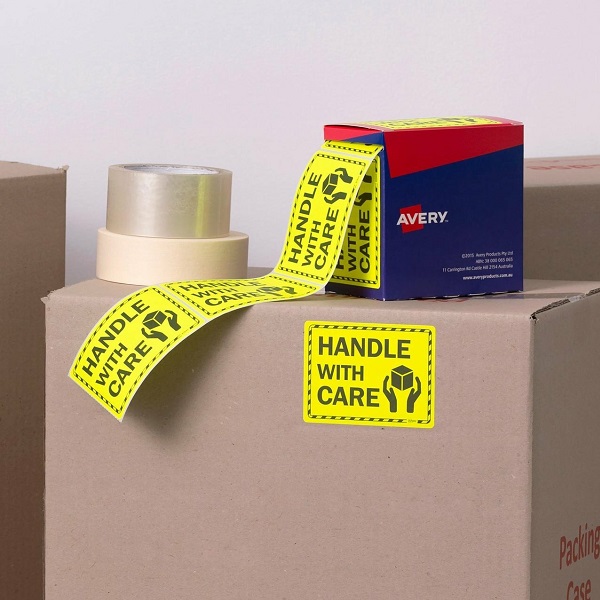 AVERY® Adhesive Message Labels 75 x 99.6mm HANDLE WITH CARE Fluoro ...