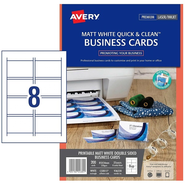 AVERY® C32015-25 Printable Business Card Matt White 260gsm 8/Sheet 936220
