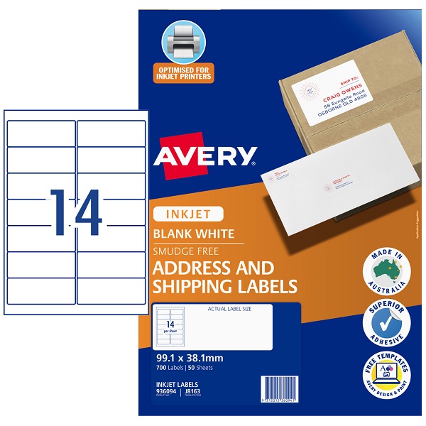 AVERY® J8163 Inkjet Labels 99.1 x 38.1mm 14/Sheet 936094