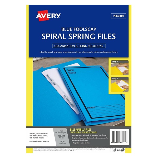 AVERY® Spiral Spring Action Files Foolscap Blue 88545