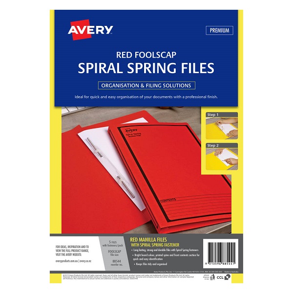 AVERY® Spiral Spring Action Files Foolscap Red 88544
