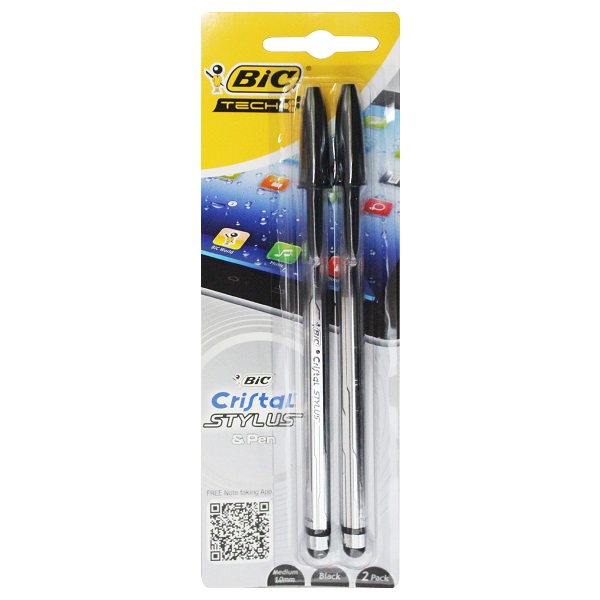 BIC® Cristal STYLUS Medium Ballpens 1.0mm Black, Pack 2