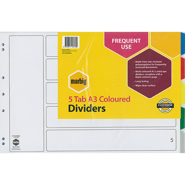 MARBIG A3 Polypropylene Dividers 5 Tab Landscape Coloured 38905