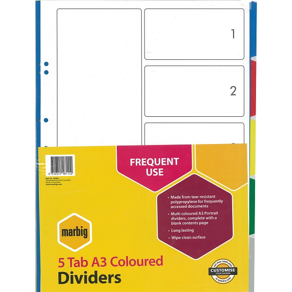 MARBIG A3 Polypropylene Dividers 5 Tab Portrait Coloured 38805