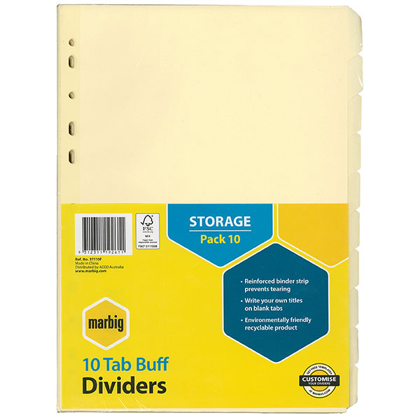 MARBIG A4 Manilla Dividers 10 Tab Buff 37110F