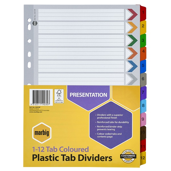 MARBIG A4 Plastic Tab Dividers 1-12 Tab Coloured 35019F
