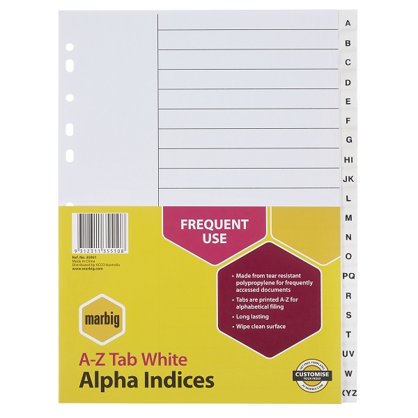 MARBIG A4 Alphabetical Indices Polypropylene A-Z Tab White 35051