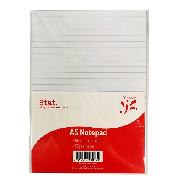STAT. Notepads A5 Ruled 55gsm 100 Leaf White 48057