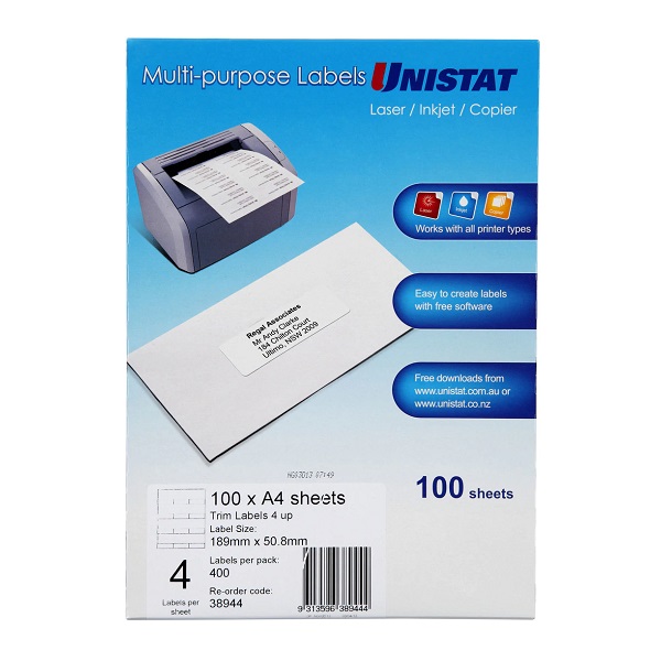 UNISTAT Multi-Purpose TRIM Labels 50.8 x 189mm 4/A4 Sheet 38944