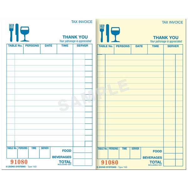 Zions 15D Restaurant Docket Book Carbonless Duplicate