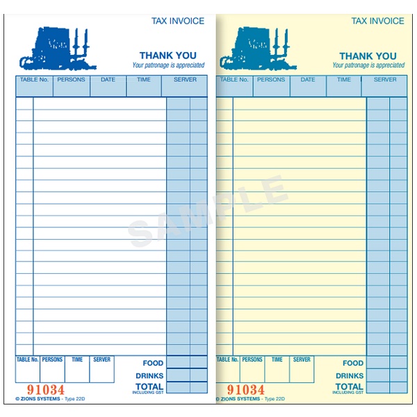 Zions 22D Restaurant Docket Book Carbonless Duplicate