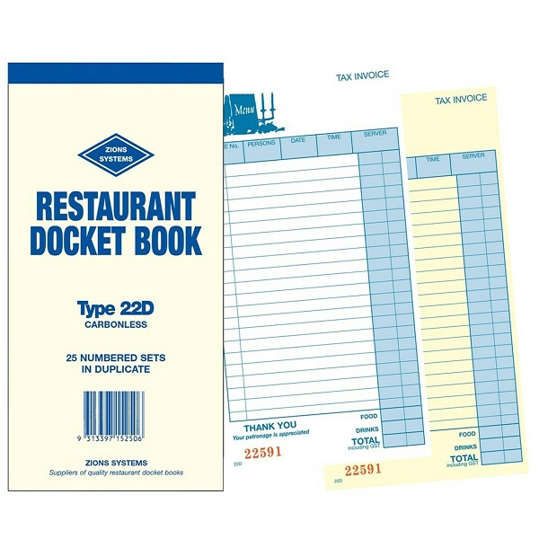 Zions 22D Restaurant Docket Book Carbonless Duplicate