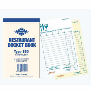 Zions 15D Restaurant Docket Book Carbonless Duplicate